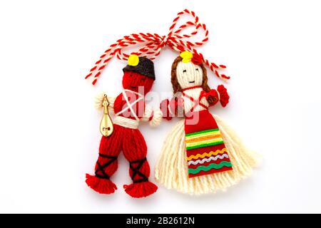 Traditional Bulgarian Martenitsa made of red and white wool, a symbol ...