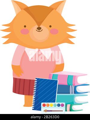 back to school, cute fox with notebook think books cartoon vector ...