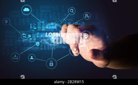 Hand touching LOGIN inscription, Cybersecurity concept Stock Photo - Alamy