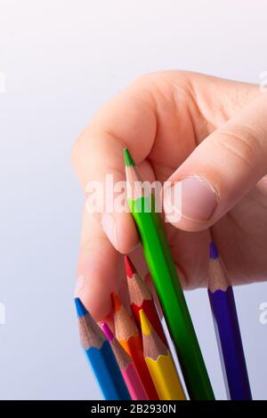 Hand holding color Pencils placed on a white background Stock Photo - Alamy
