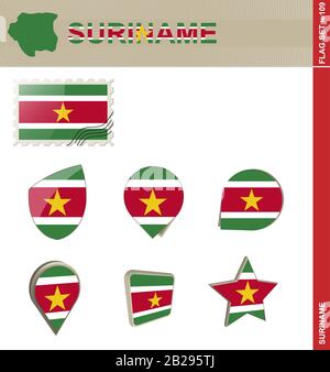 Suriname flag icon set. Surinamese pennant in official colors and proportions. Rectangular, map ...