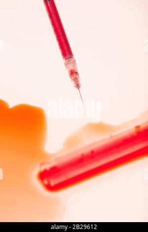 Above view background of blood spilling around test tube sample in ...