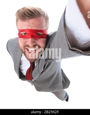 confident superhero businessman flying forward. photo with space for ...