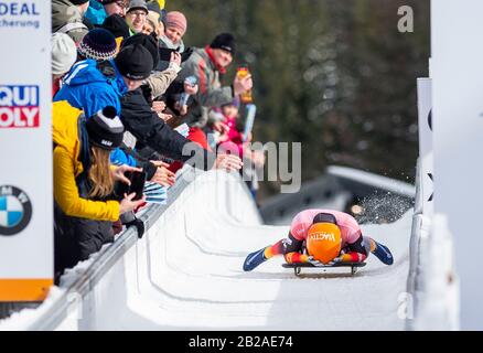 German skeleton racer Tina Hermann celebrates her win during the IBSF ...