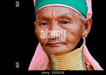 Kayan (ethnic minority) woman also called longneck wearing gold rings ...