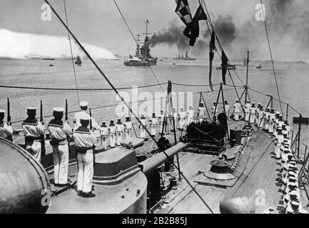 View over the deck of the cruiser Kasuga of the Imperial Japanese Navy ...