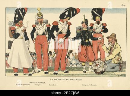 Vintage engraving of Grenadier of the Imperial Guard. In front of the ...