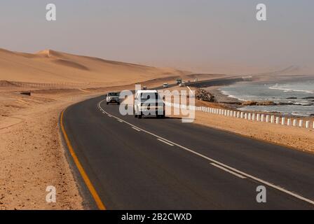 Road B2 linking Swakopmund to Walvis Bay, Landstand can be seen on the ...