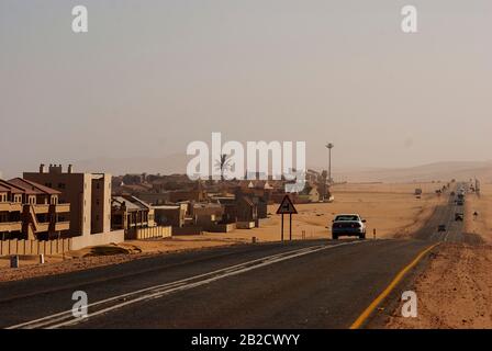 Road B2 linking Swakopmund to Walvis Bay, Landstand can be seen on the ...