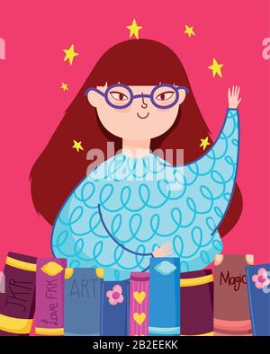 Books with waving hand. Cartoon book collection with happy faces ...