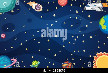 Background theme of space with spaceship and many planets illustration ...
