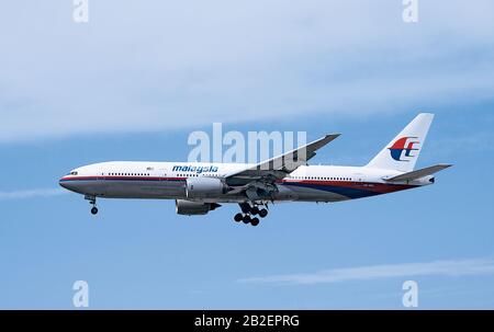 Malaysia Airlines Boeing 777 airliner 9M-MRB on approach to land a ...