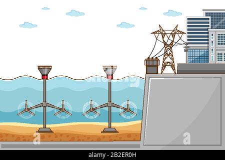 Diagram showing water power generating electricity used in city Stock ...