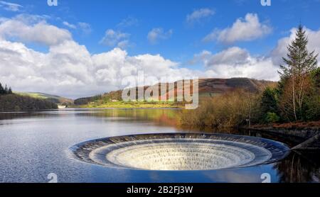 Ladybower reservoir, plughole overflow,bellmouth drain, overflowing ...
