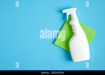 top view of blue rag and spray bottle isolated on white Stock Photo - Alamy