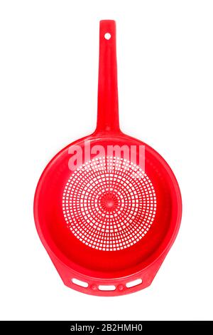 Red empty colander isolated Stock Photo - Alamy
