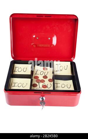 Open box with IOU notes and coins Stock Photo - Alamy