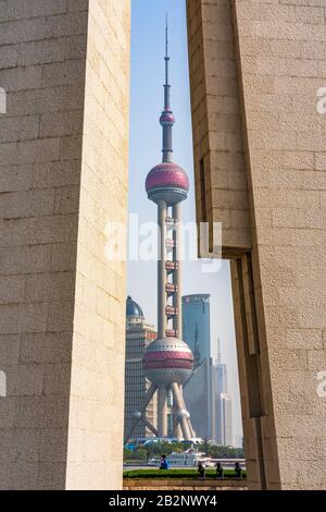 Asia China Shanghai View through taxi window driving through morning ...