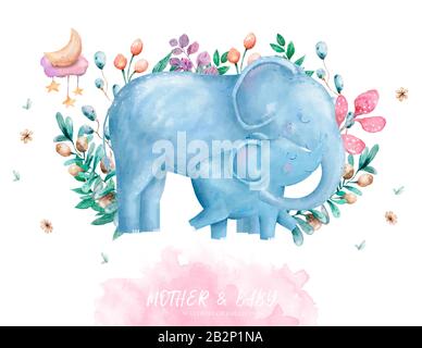 Watercolor baby elephant and mother. Cute Elephants for greeting card ...