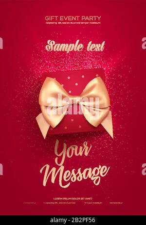 Present box top with golden bow, Christmas cones and branches. View ...