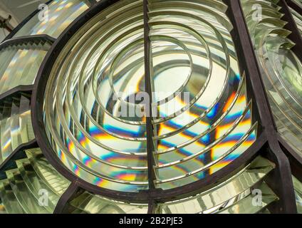 Close image of the glass prisms making up Fresnel lens with lights on ...