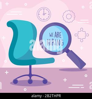 We are hiring message with office chair and lupe design, job work employee business employment ...