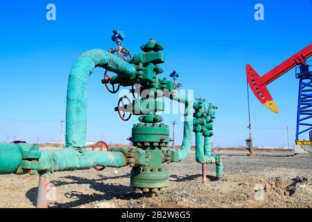 Oil field scene, Oil pipeline and pumping unit of the silhouette Stock ...