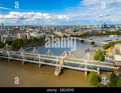 High angle view of Hungerford Bridge and Golden Jubilee Bridges and ...
