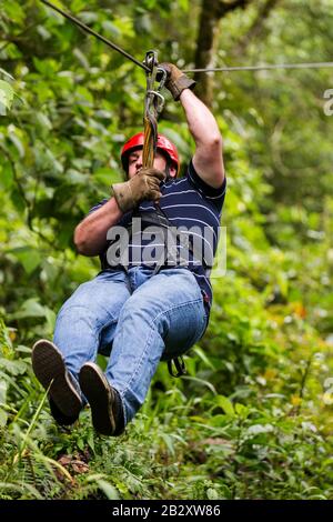 Oversized Adult Man On Zip Line Or Canopy Trip Nearby Of Banos De Agua ...