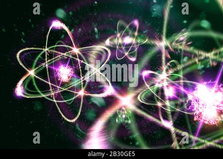 Close up of colorful atomic particle background science 3D illustration ...