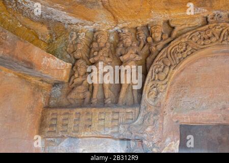 Upper storey of Rani Gumpha (Queen's cave) showing cells. Orissa ...