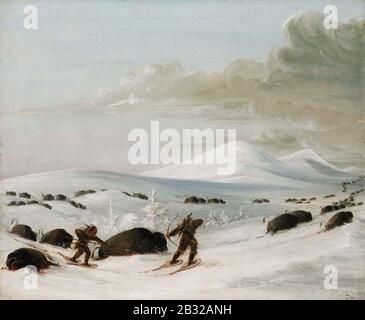 Buffalo Chase in Snowdrifts, Indians Pursuing on Snowshoes. oil on ...