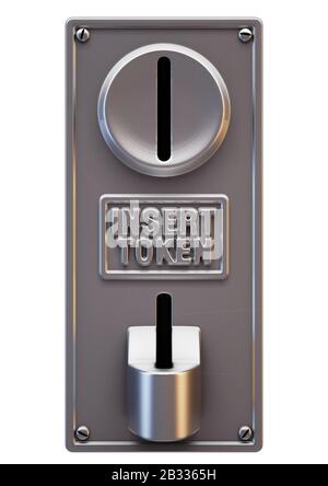 A closeup of a metal coin slot panel from a coin operated machine with ...