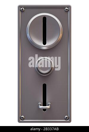 A closeup of a metal coin slot panel from a coin operated machine with ...