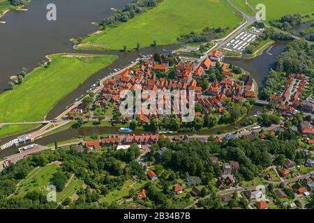 Aerial view of the town of Hitzacker on the junction of the Jeetzel ...