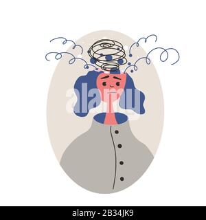 Portrait of young troubled woman. Girl with question mark in think ...