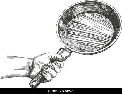 Hand hold frying pan. Cooking cartoon icon isolated on white background ...