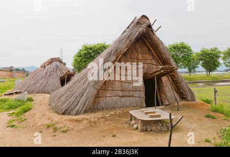 Reconstructed residential barracks (9th c.) of Shiwa Castle in Morioka ...