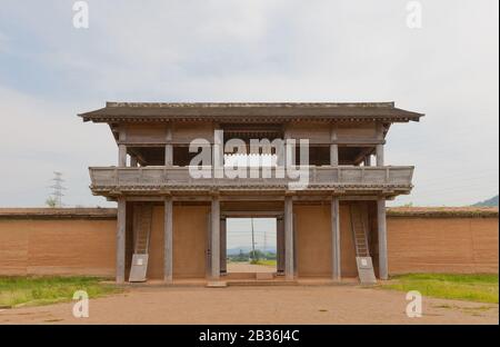 Reconstructed Outer South Gate and clay wall (tsuijibei) of Shiwa ...