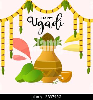 happy ugadi hindu new year greeting card pot with coconut flowers Stock ...