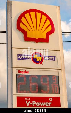 "Shell "gas station" sign, showing price of three ^US dollars per ...