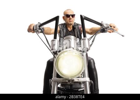 Bald biker riding a custom chopper motorbike isolated on white ...