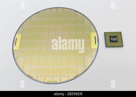 Macro-photo of silicon wafer circuit. For digital technology, micro ...