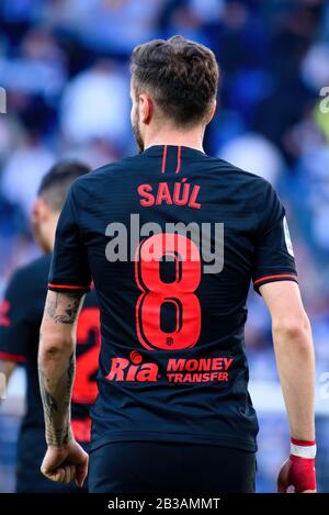BARCELONA - MAR 1: Saul plays at the La Liga match between RCD Espanyol ...