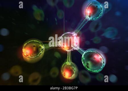 Close up of colorful atomic particle background science 3D illustration ...