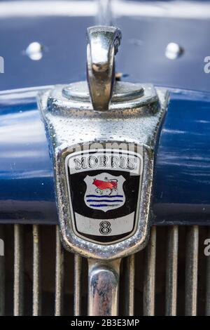 Shiny vintage chrome metal Morris 8 car badge with enamelled logo ...