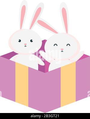 rabbits in a gift box cartoon vector illustration. birthday greeting ...