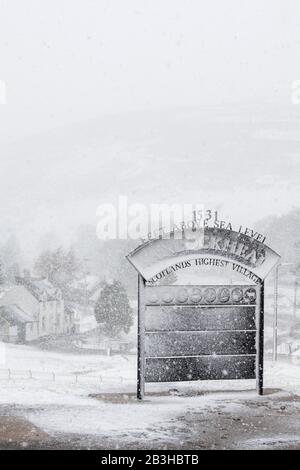 Wanlockhead village sign, Scotlands highest village. Dumfries and ...