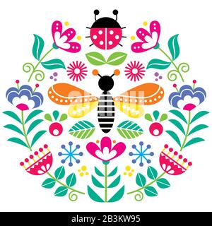 Swedish folk art vector mandala design pattern with black and white ...