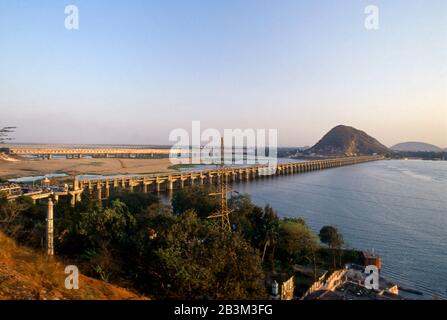 Bridge over Krishna river, Vijaywada, Prakasham Barrage, Andhra Pradesh ...